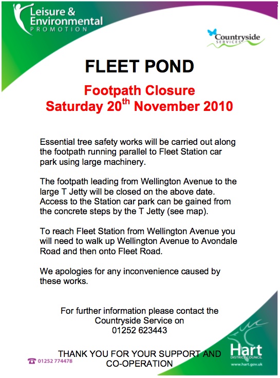 Important: Footpath Closure – Saturday 20 November - Fleet Pond Society